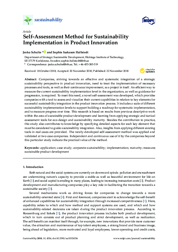 (PDF) Self-Assessment Method for Sustainability Implementation in Product Innovation