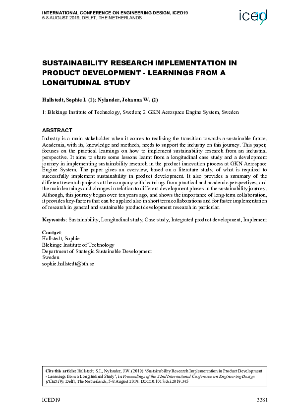 (PDF) Sustainability Research Implementation in Product Development - Learnings from a ...