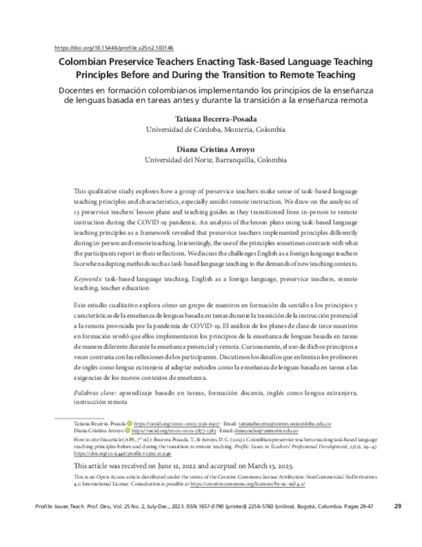 (PDF) Colombian Preservice Teachers Enacting Task-Based Language Teaching Principles Before and ...