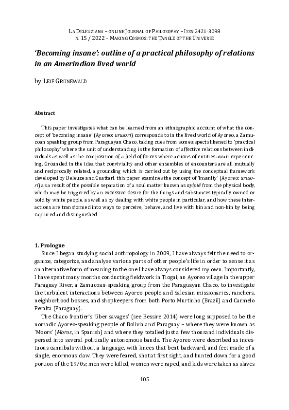 (PDF) 'Becoming insane': outline of a practical philosophy of relations in an Amerindian lived world