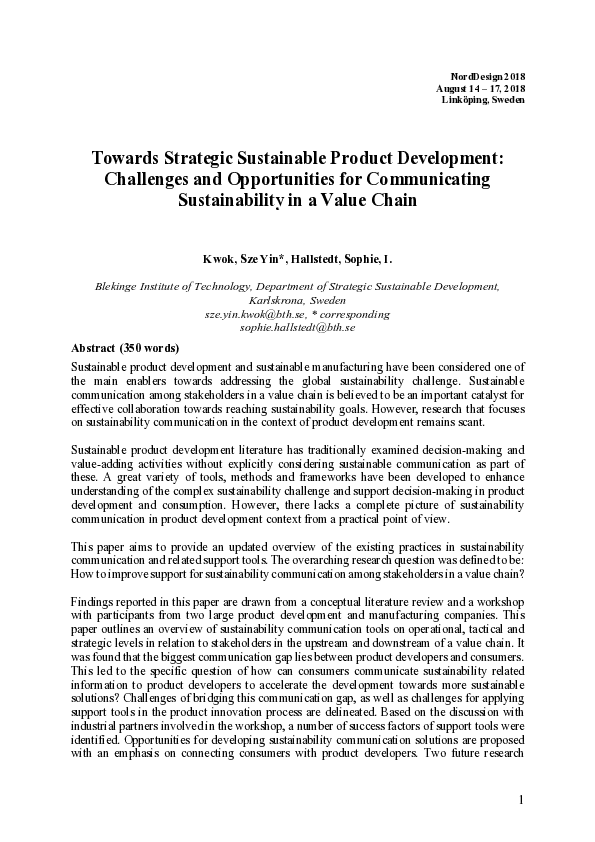 (PDF) Towards Strategic Sustainable Product Development: Challenges and ...