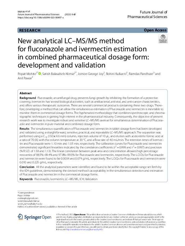 Pdf New Analytical Lc Ms Ms Method For Fluconazole And Ivermectin