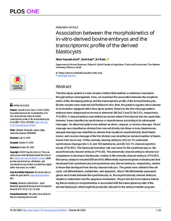 (PDF) Association between the morphokinetics of in-vitro-derived bovine ...