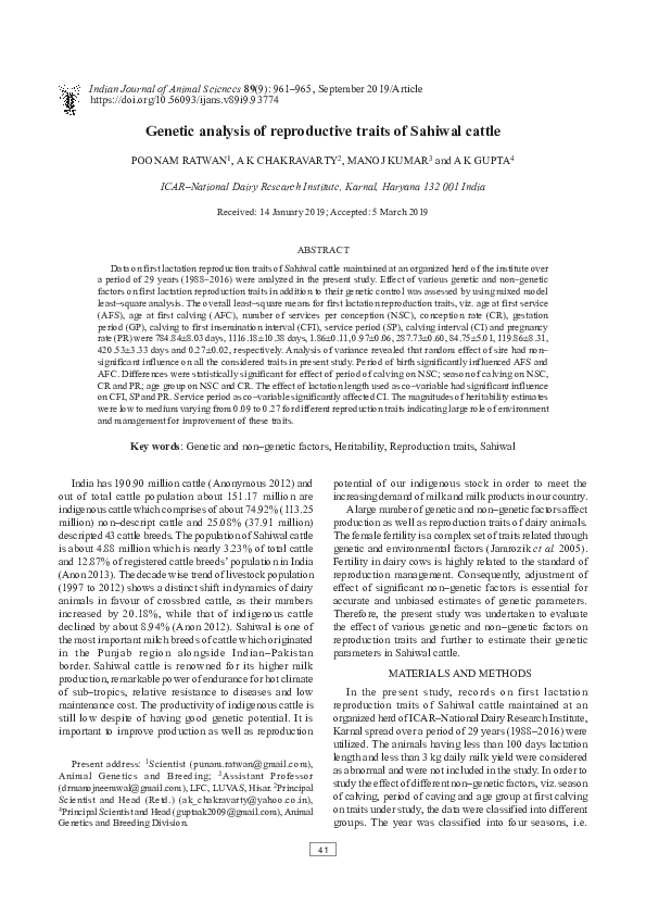 (PDF) Genetic analysis of reproductive traits of Sahiwal cattle
