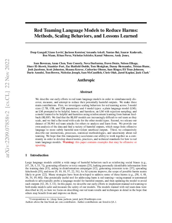 (PDF) Red Teaming Language Models to Reduce Harms: Methods, Scaling Behaviors, and Lessons Learned