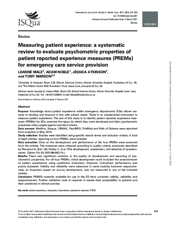 (PDF) Measuring patient experience: a systematic review to evaluate psychometric properties of ...