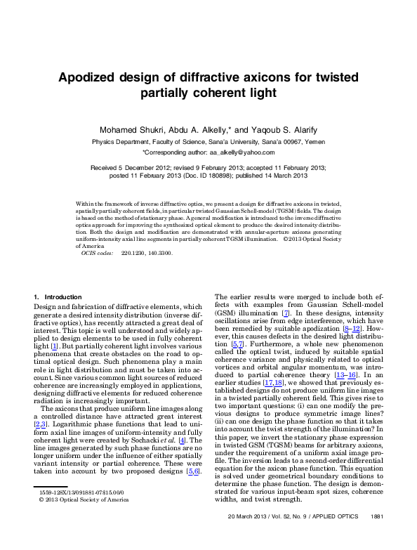 (PDF) Apodized design of diffractive axicons for twisted partially ...