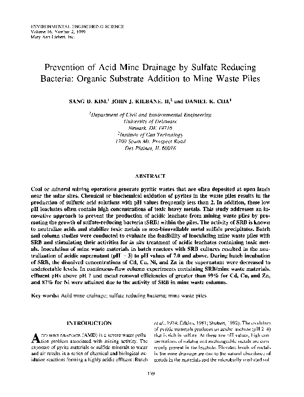(PDF) Prevention of Acid Mine Drainage by Sulfate Reducing Bacteria: Organic Substrate Addition ...