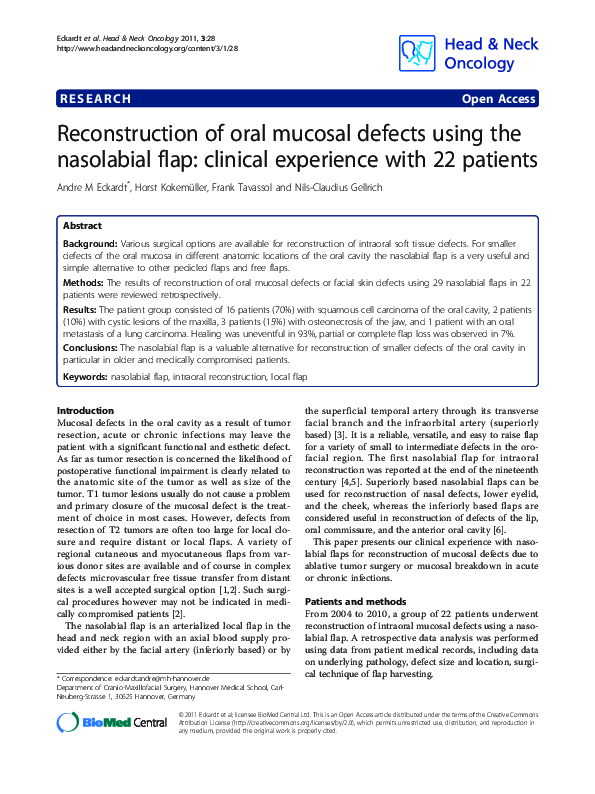 (PDF) Reconstruction of oral mucosal defects using the nasolabial flap ...