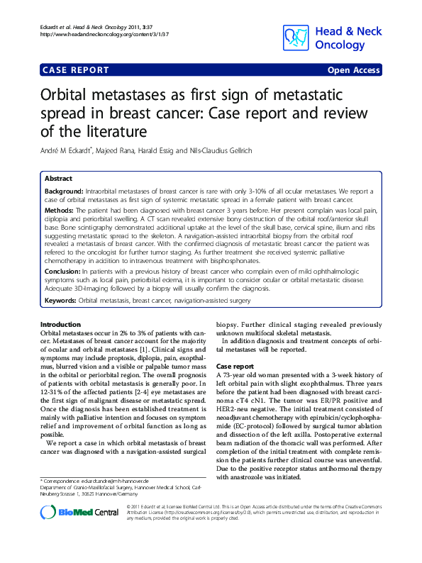 (PDF) Orbital metastases as first sign of metastatic spread in breast cancer: Case report and ...