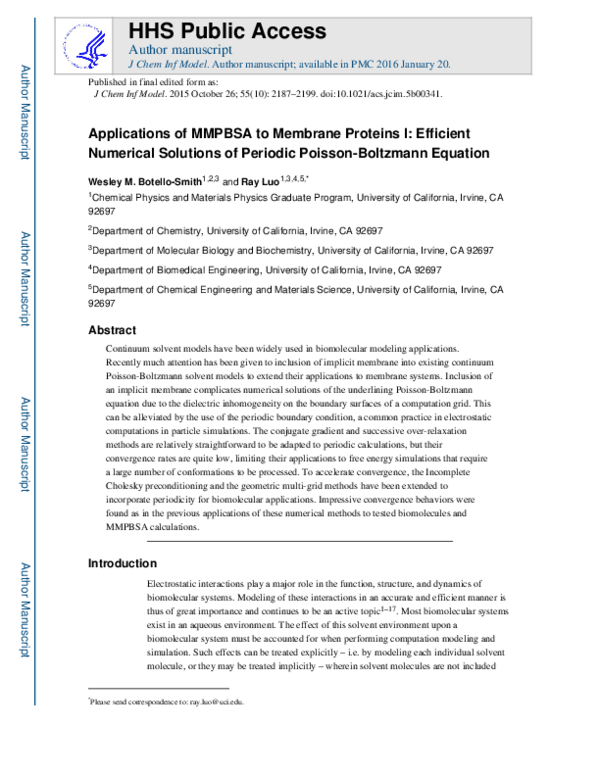 (PDF) Applications of MMPBSA to Membrane Proteins I: Efficient ...