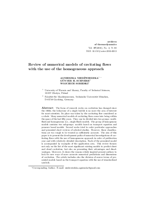 (PDF) Review of numerical models of cavitating flows with the use of the homogeneous approach