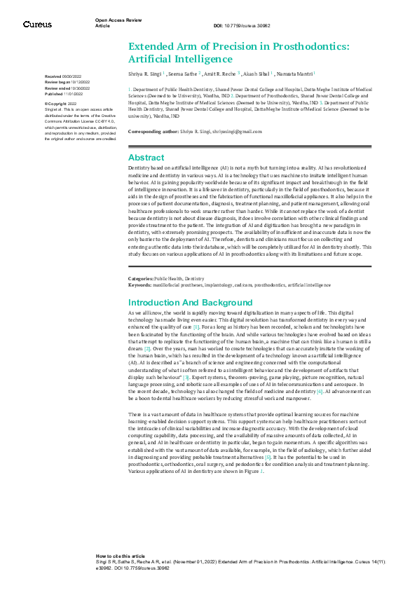 (PDF) Extended Arm of Precision in Prosthodontics: Artificial Intelligence