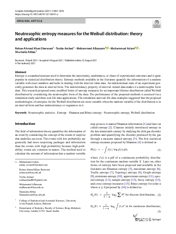 (PDF) Neutrosophic entropy measures for the Weibull distribution: theory and applications