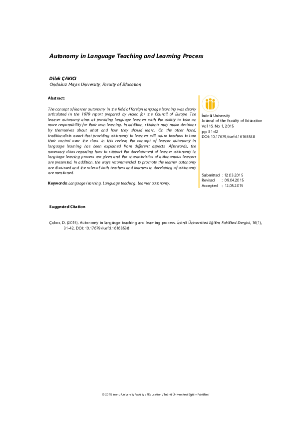 (PDF) Autonomy in Language Teaching and Learning Process