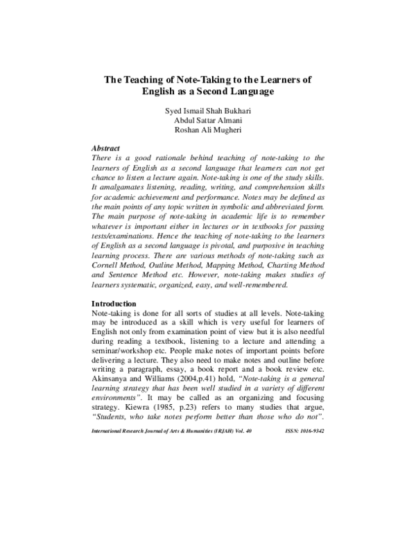 (PDF) The Teaching of Note-Taking to the Learners of English as a Second Language