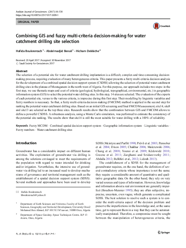 Pdf Combining Gis And Fuzzy Multi Criteria Decision Making For Water Catchment Drilling Site