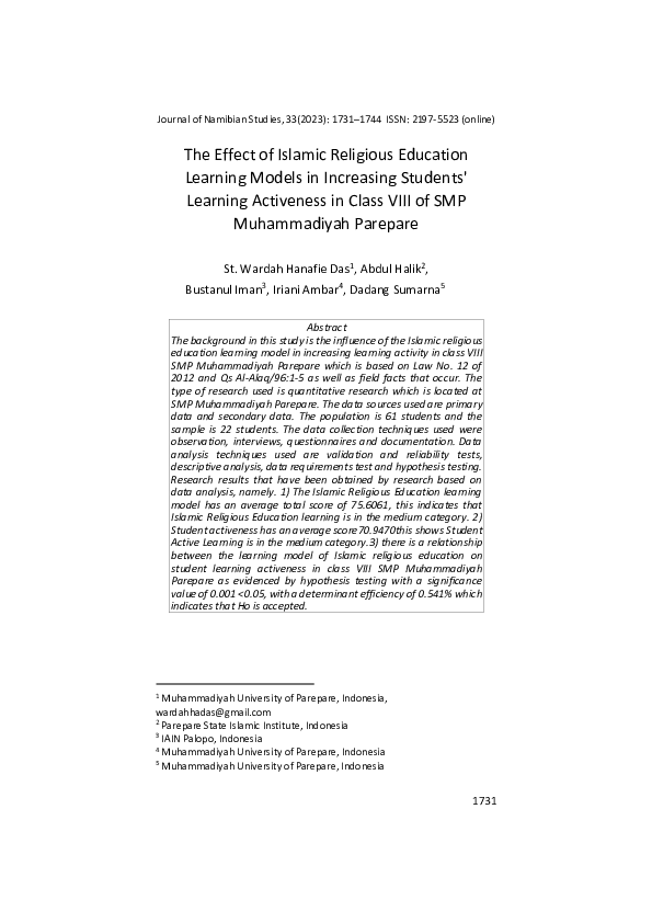 (PDF) The Effect of Islamic Religious Education Learning Models in Increasing Students' Learning ...