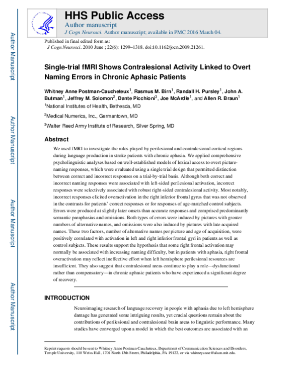 (PDF) Single-trial fMRI Shows Contralesional Activity Linked to Overt Naming Errors in Chronic ...