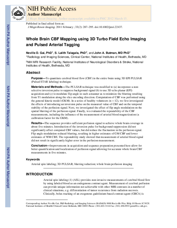 (PDF) Whole-brain cerebral blood flow mapping using 3D echo planar ...