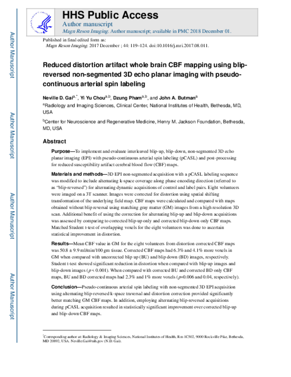 Pdf Reduced Distortion Artifact Whole Brain Cbf Mapping Using Blip