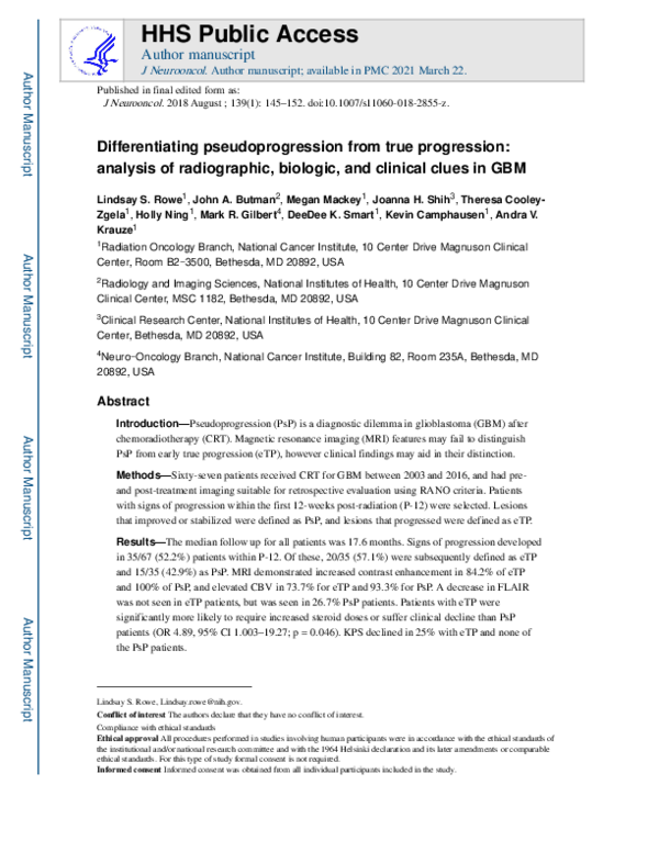 (PDF) Differentiating pseudoprogression from true progression: analysis of radiographic ...