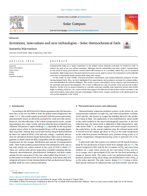 (PDF) Solar thermochemical fuels- Inventions, innovations and new ...