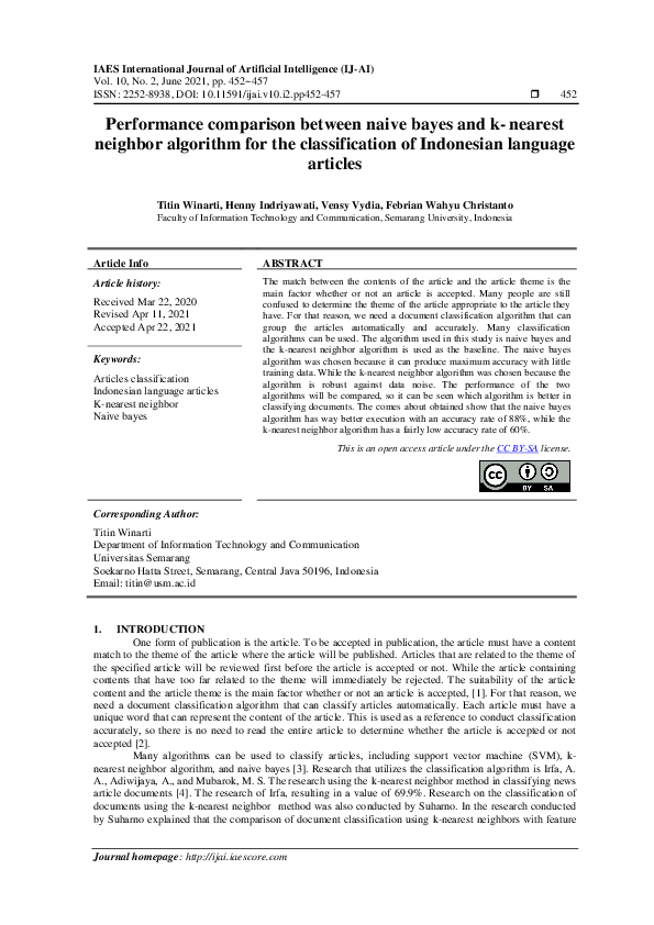 Pdf Performance Comparison Between Naive Bayes And K Nearest Neighbor Algorithm For The