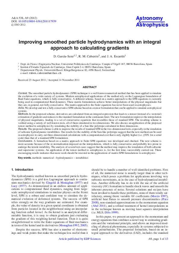 Pdf Improving Smoothed Particle Hydrodynamics With An Integral Approach To Calculating Gradients