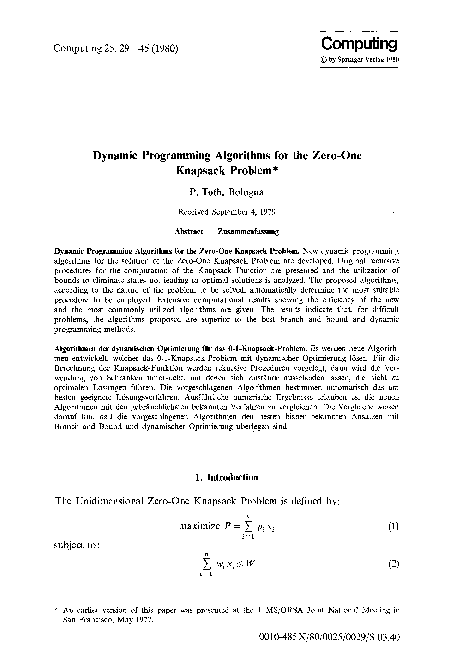 (PDF) Dynamic programming algorithms for the Zero-One Knapsack Problem