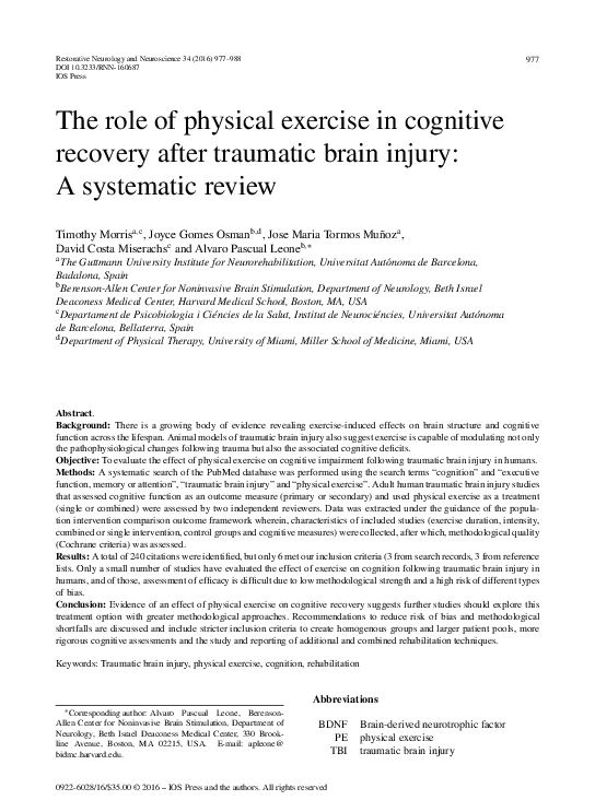 (PDF) The role of physical exercise in cognitive recovery after traumatic brain injury: A ...