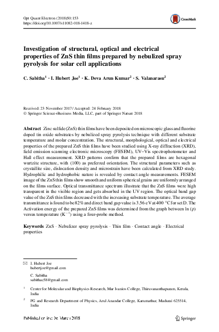 (PDF) Investigation of structural, optical and electrical properties of ZnS thin films prepared ...