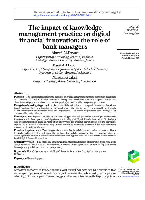(PDF) The impact of knowledge management practice on digital financial innovation: the role of ...