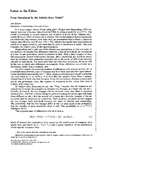 (PDF) Error introduced by the infinite-site model