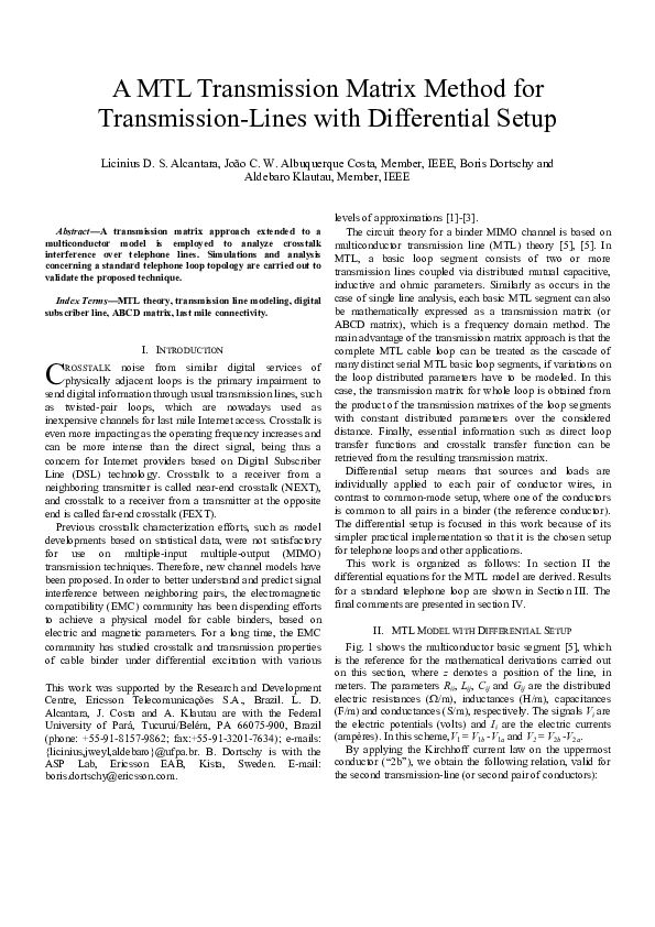 (PDF) A MTL transmission matrix method for transmission-lines with differential setup