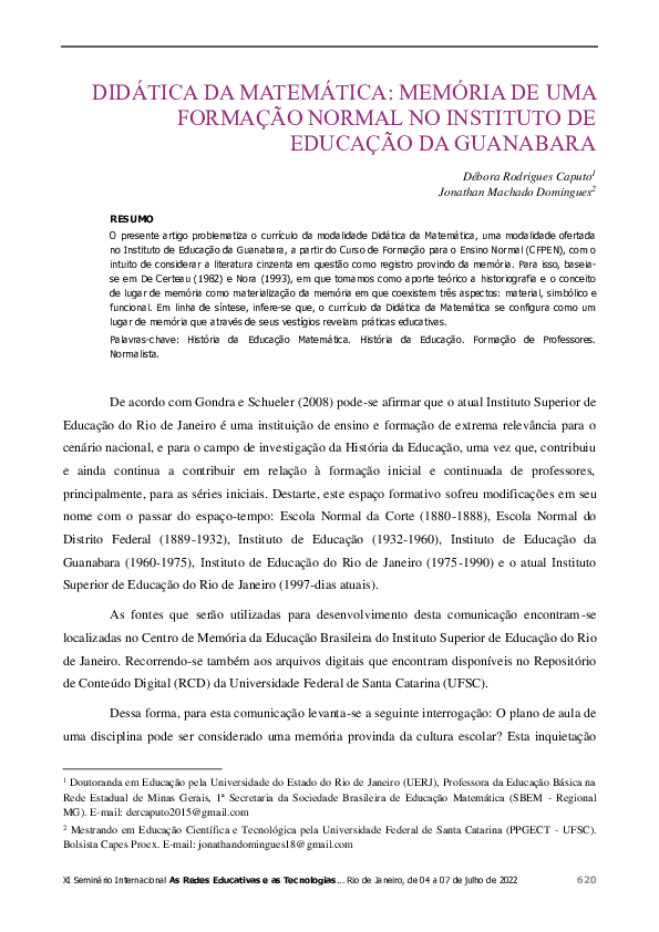 (PDF) DIDÁTICA DA MATEMÁTICA: MEMÓRIA DE UMA FORMAÇÃO NORMAL NO ...