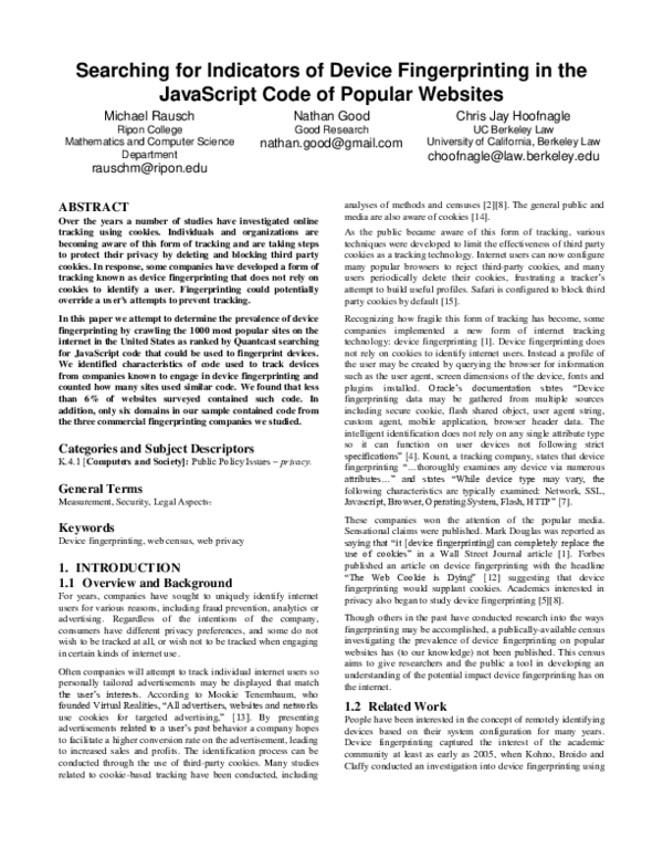 Pdf Searching For Indicators Of Device Fingerprinting In The Javascript Code Of Popular Websites