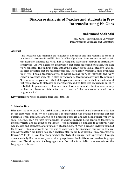 (PDF) Discourse Analysis of Teacher and Students in Pre-Intermediate English Class