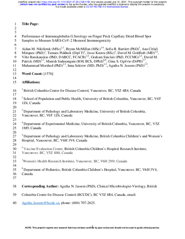 (PDF) Performance of Immunoglobulin G Serology on Finger Prick ...