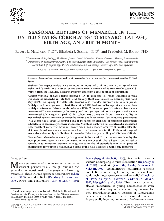 (PDF) Seasonal rhythms of menarche in the United States: Correlates to ...