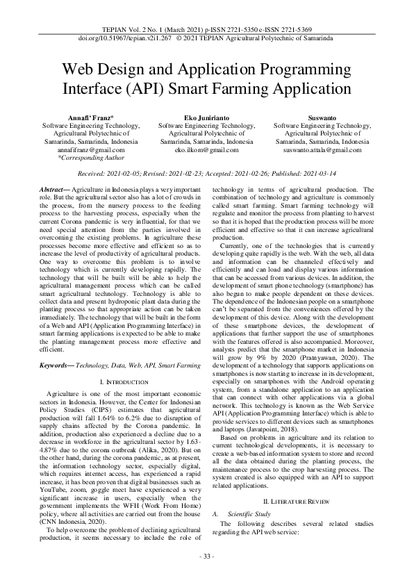 (PDF) Web Design and Application Programming Interface (API) Smart Farming Application