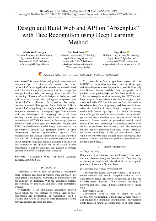 (PDF) Design and Build Web and API on “Absenplus” with Face Recognition using Deep Learning Method