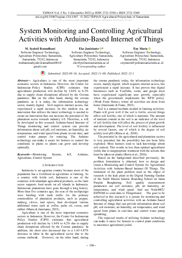 Pdf System Monitoring And Controlling Agricultural Activities With Arduino Based Internet Of
