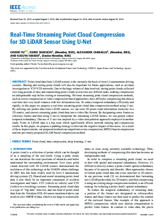 Real Time Streaming Point Cloud Compression For 3d Lidar Sensor Using U Net