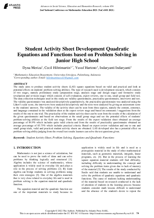 (PDF) Student Activity Sheet Development Quadratic Equations and Functions based on Problem ...