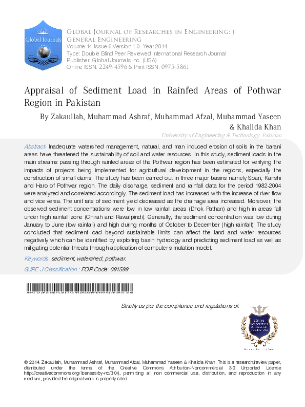 (PDF) Appraisal of Sediment Load in Rainfed Areas of Pothwar Region in ...