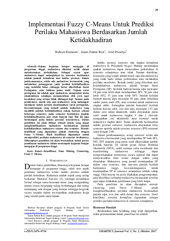 (PDF) Implementasi Fuzzy C-Means Untuk Prediksi Perilaku Mahasiswa Berdasarkan Jumlah Ketidakhadiran