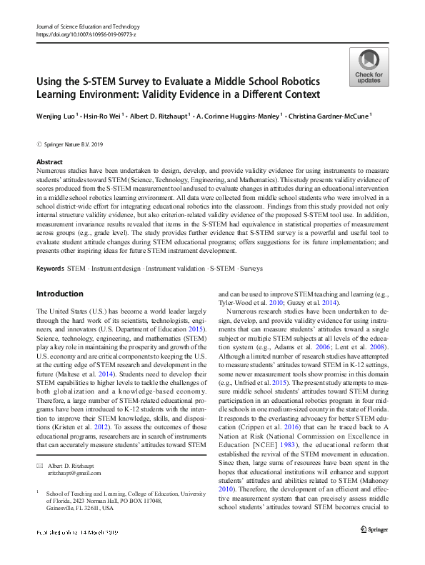 (PDF) Using the S-STEM Survey to Evaluate a Middle School Robotics Learning Environment ...