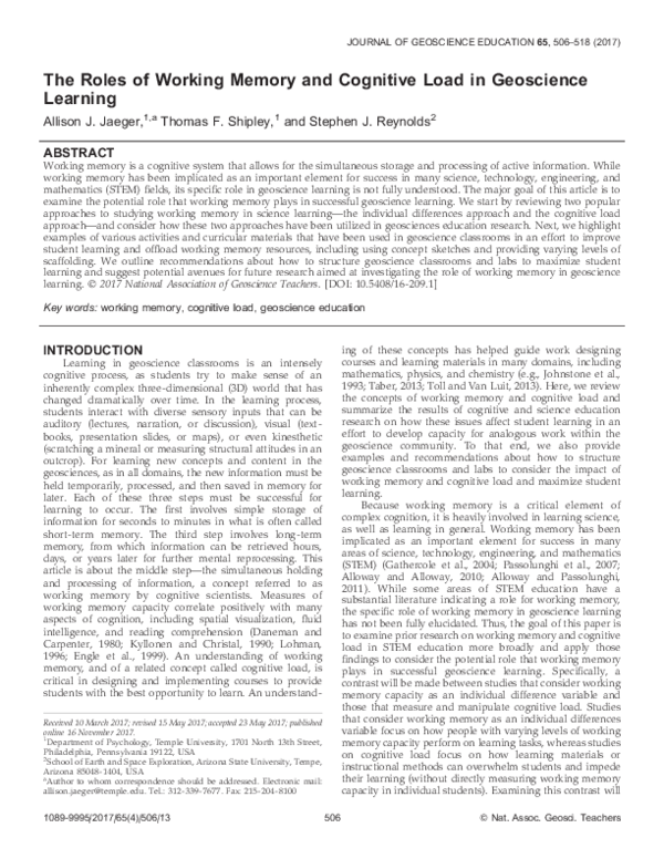 (PDF) The Roles of Working Memory and Cognitive Load in Geoscience Learning