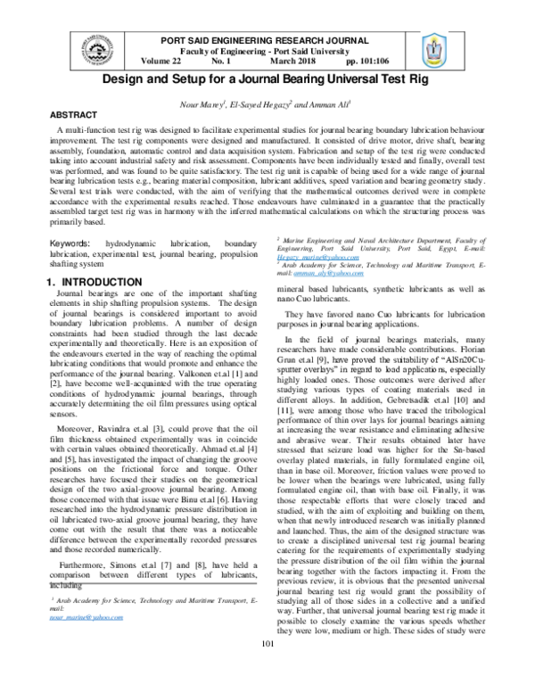 (PDF) Design and Setup for a Journal Bearing Universal Test Rig